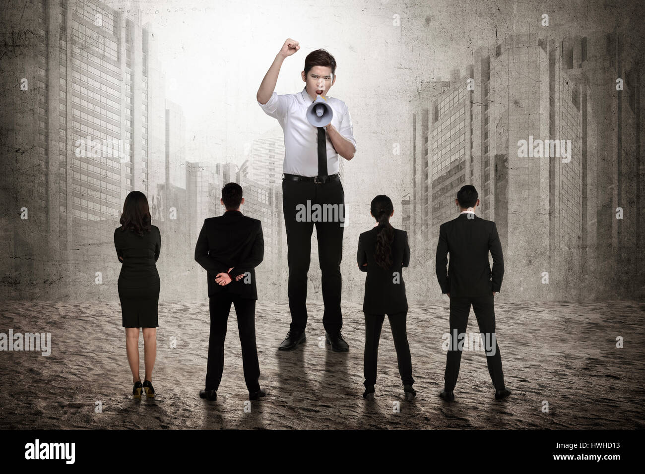 Business leader command his subordinate using megaphone. Business ...