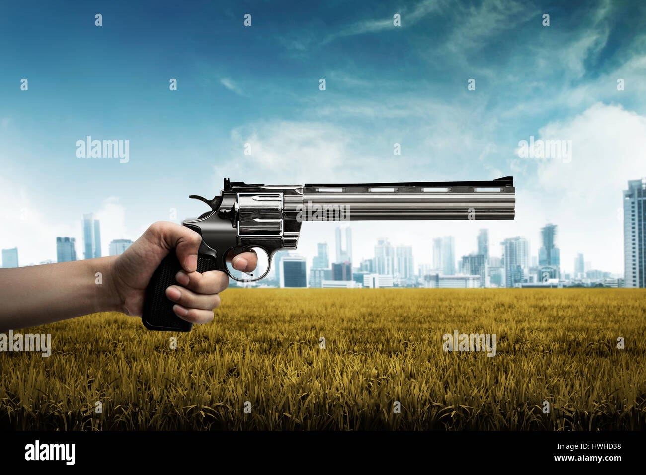 Man hand holding gun, aiming to the green grass Stock Photo - Alamy