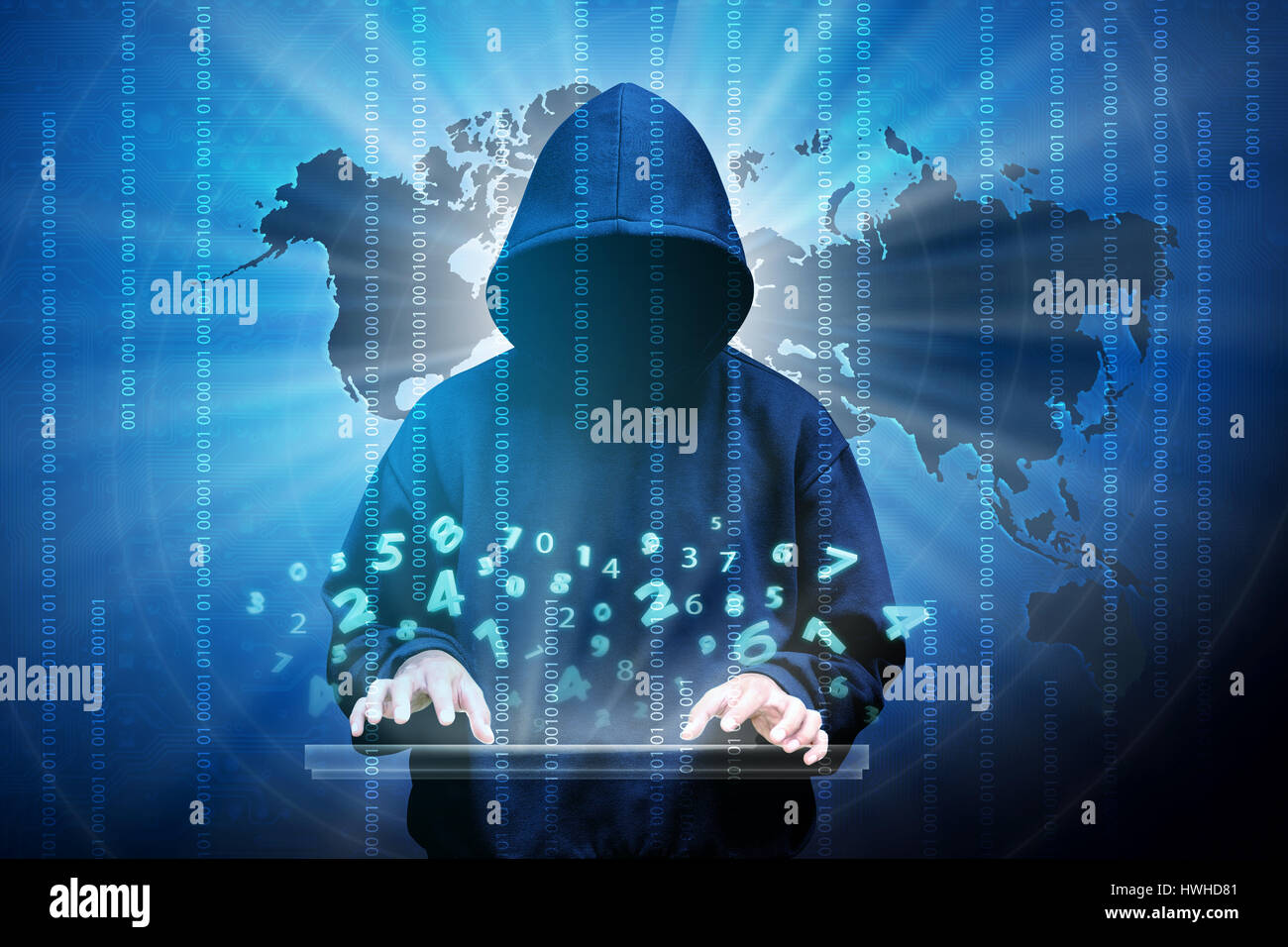 Computer hacker silhouette of hooded man with binary data and network security terms Stock Photo ...