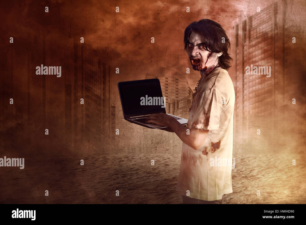 Horrible male zombies standing typing in laptop looking at behind in ...