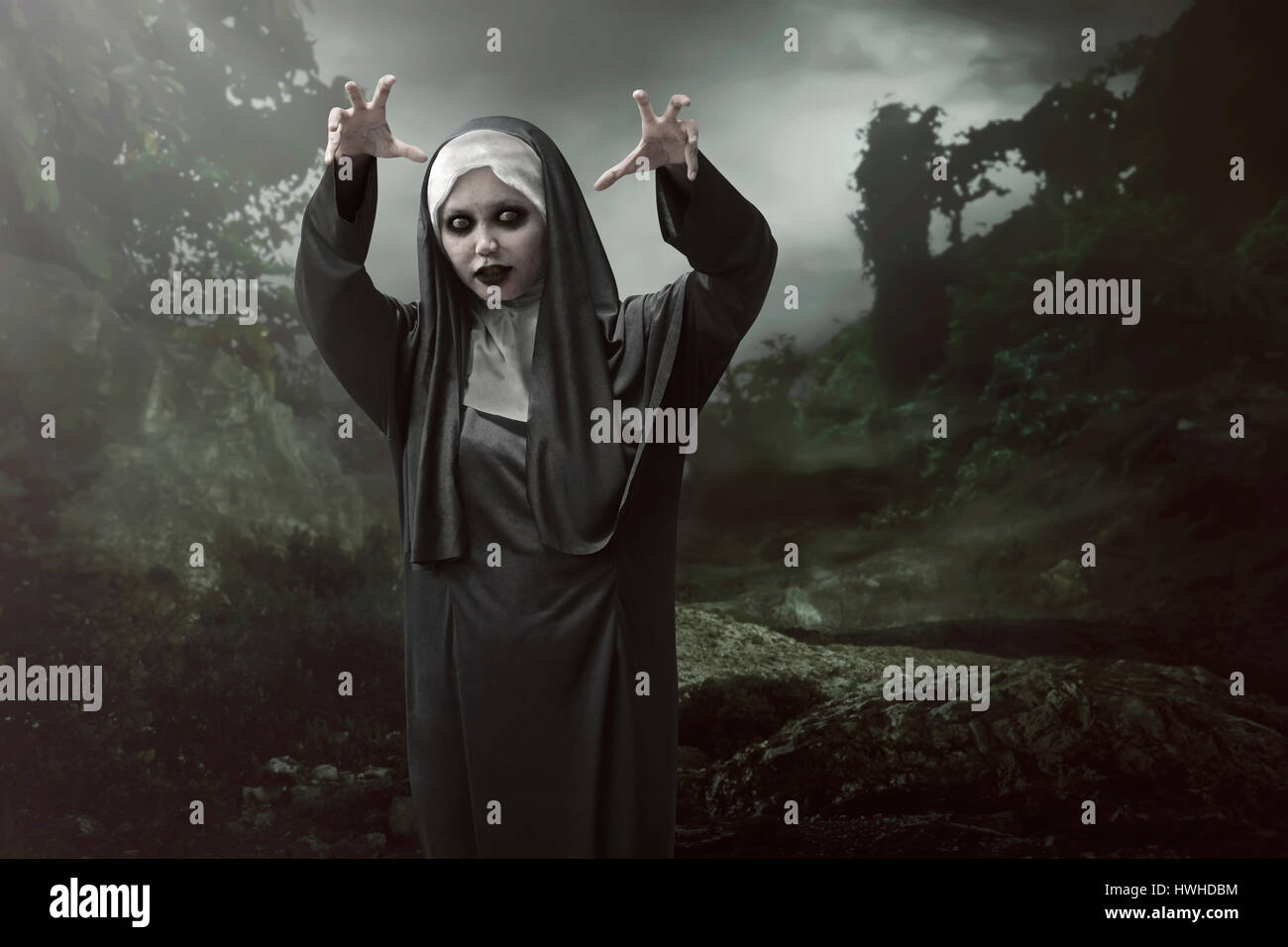 Asian nun woman is considered to have magic powers of evil in the woods ...
