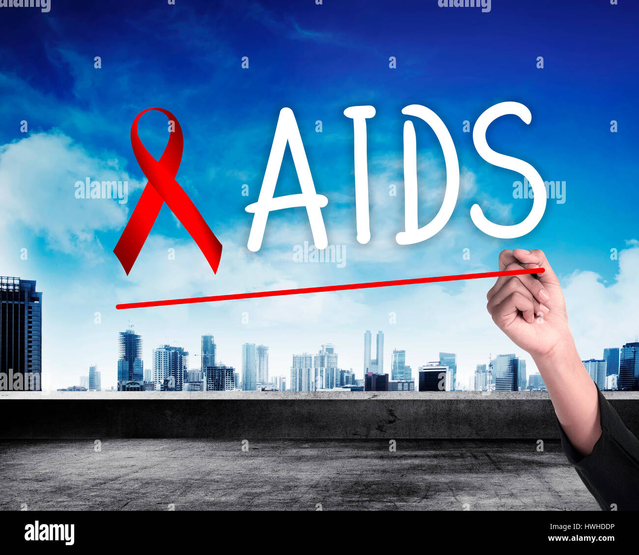Hand draw red ribbon. AIDS Awareness concept Stock Photo - Alamy