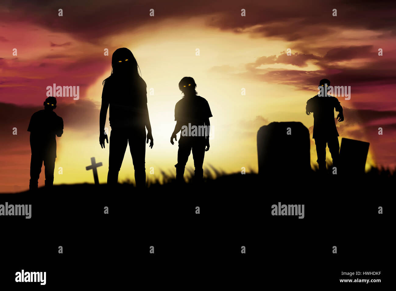 Silhouette some zombies on the cemetery walking around at sunset Stock ...