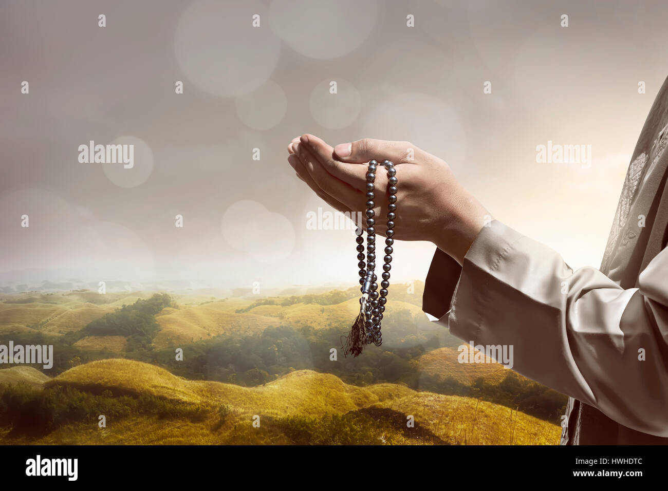 Hand of muslim people praying with hill landscape background Stock ...
