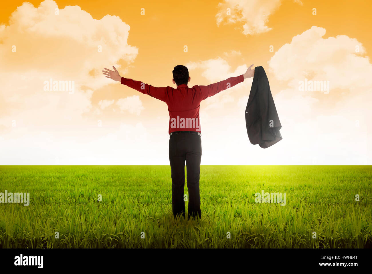 Man open his suit, raise arms on the meadow. Business freedom ...