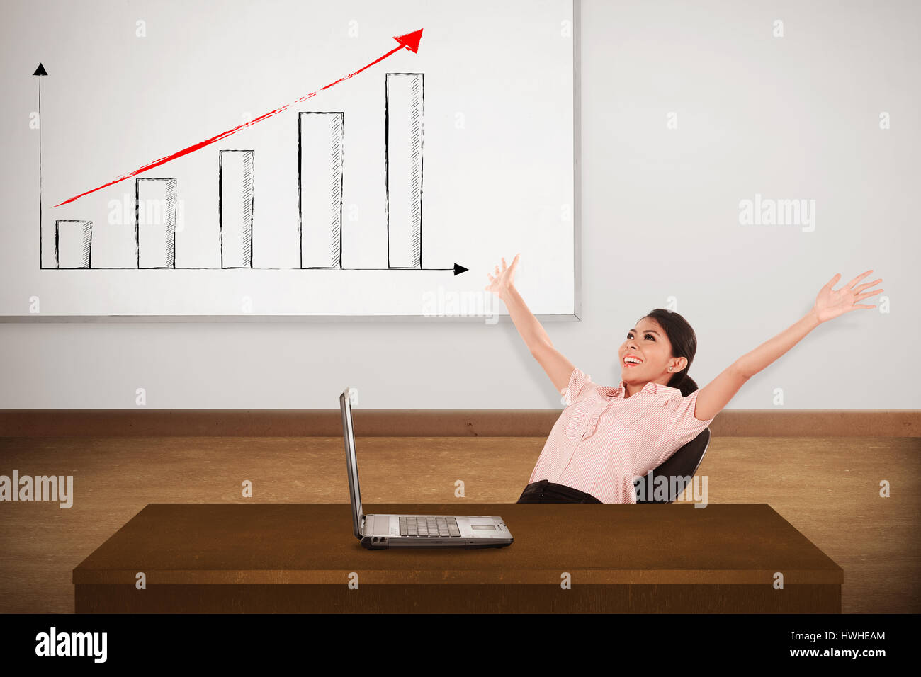 Young woman with white board. There increasing chart image Stock Photo ...