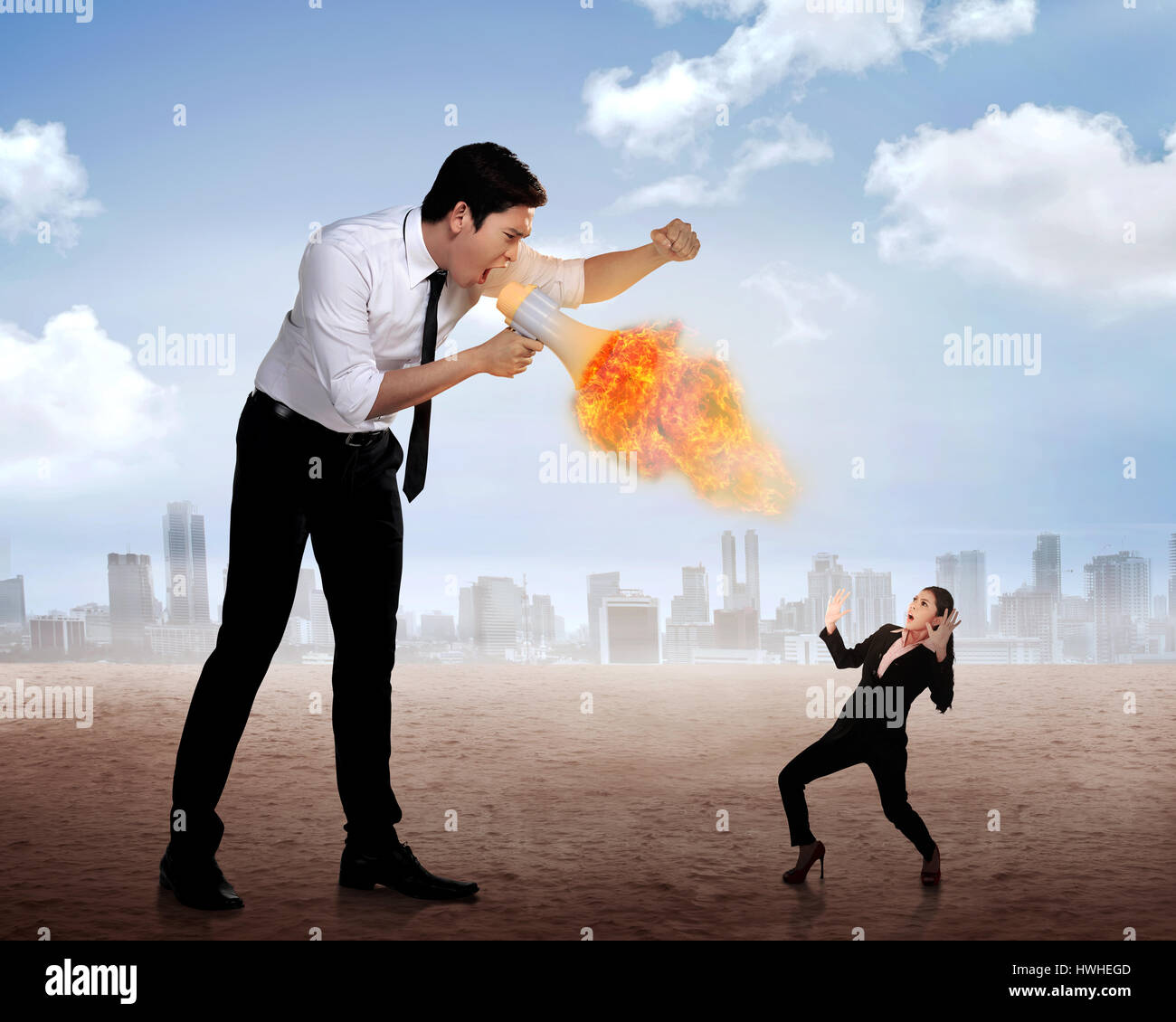 Big boss yelling to her employee with megaphone on fire. Work pressure ...