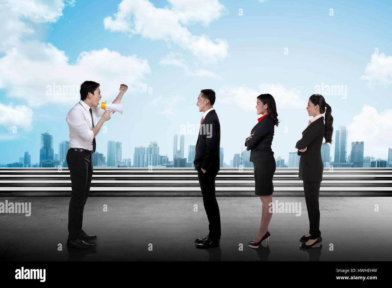 Leader give order via megaphone to his subordinate. Business ...