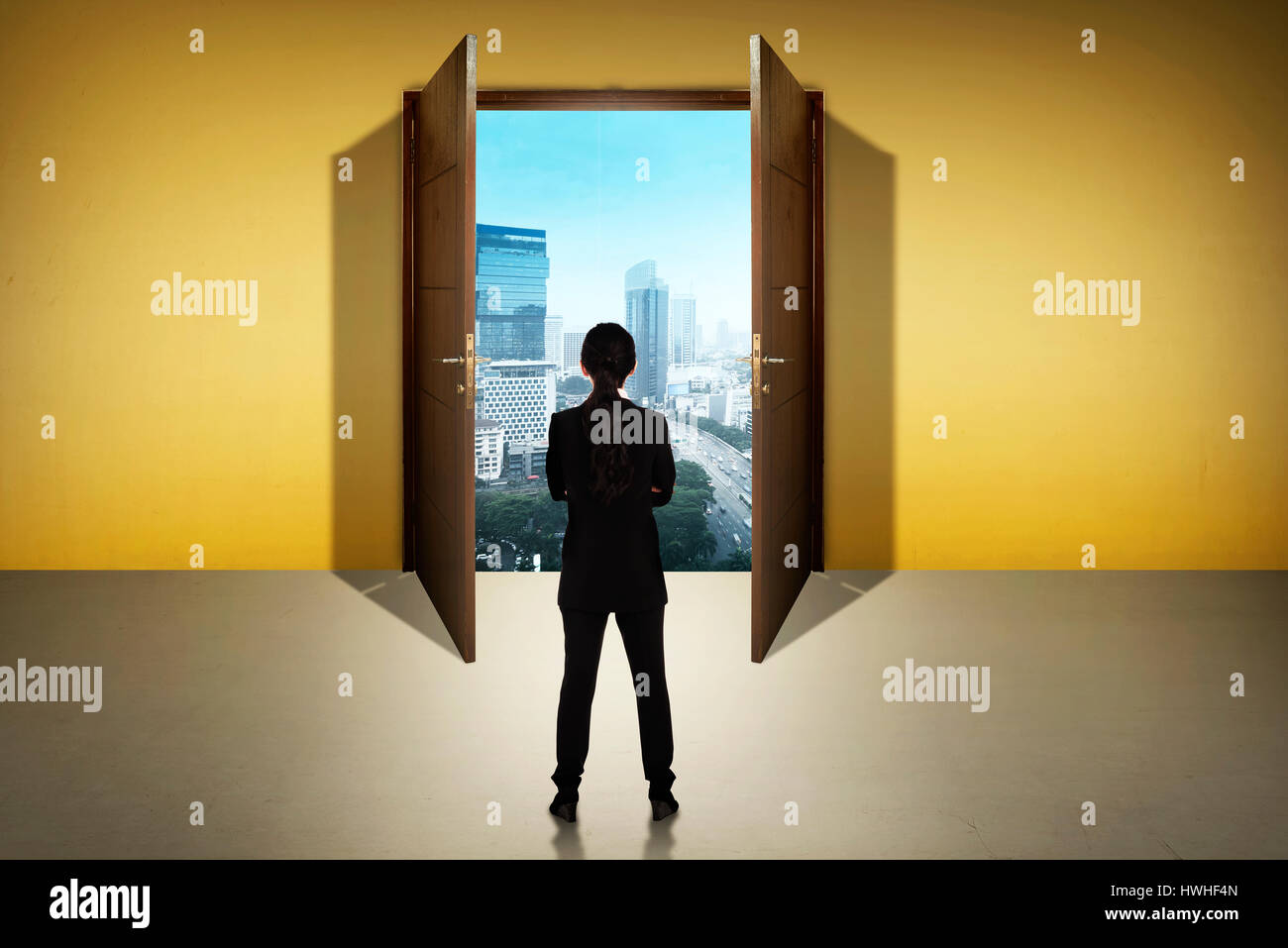 Business woman going to the open door. Career path conceptual Stock ...