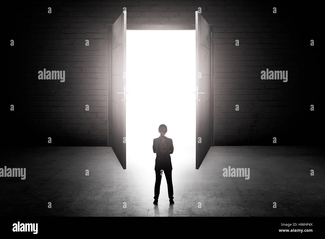 Business woman going to the open door. Career path conceptual Stock ...