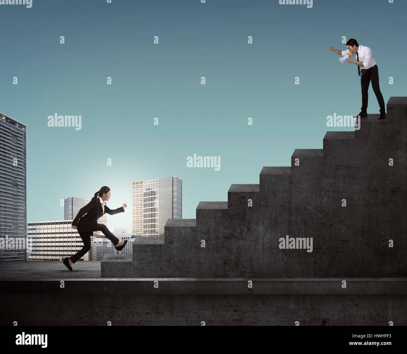 Asian business people using megaphone talk to the friend Stock Photo ...