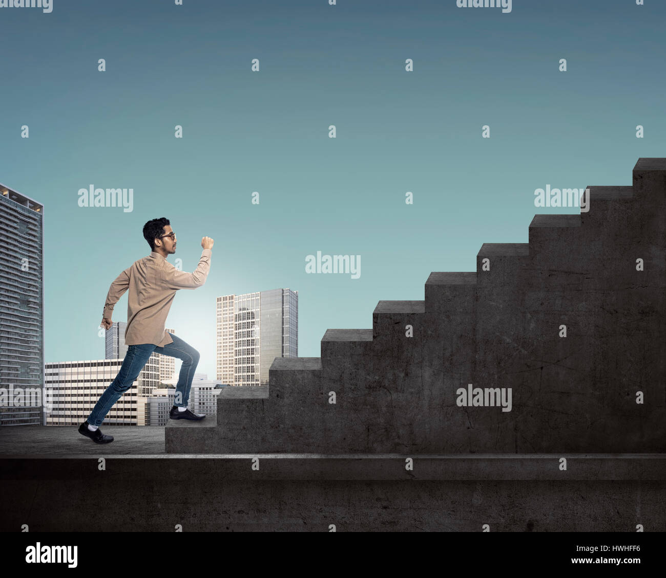 Young asian business man getting steps up to the stairs Stock Photo - Alamy