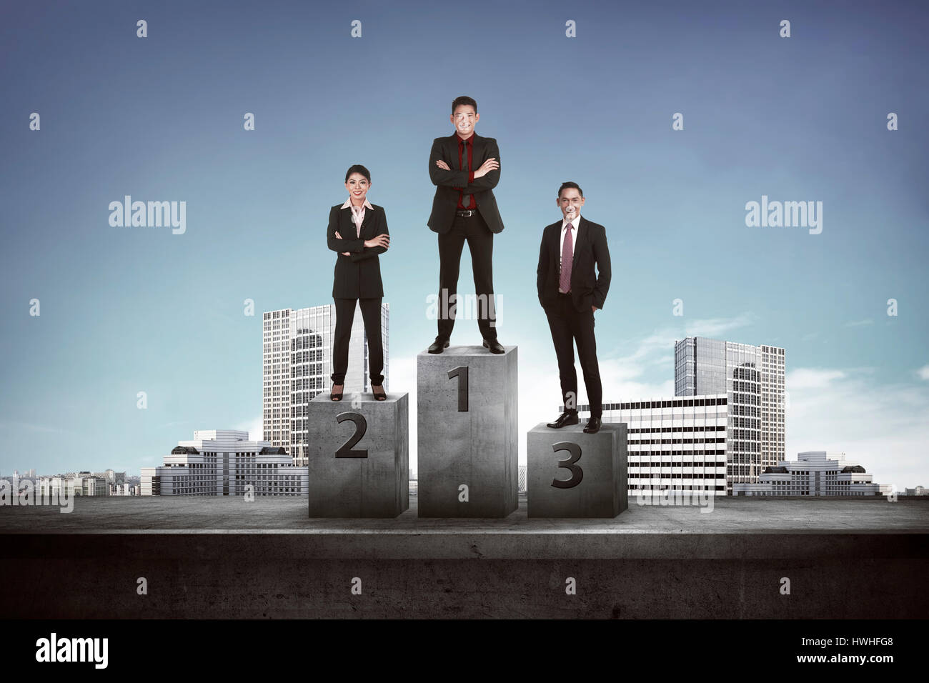 Asian business people standing on the podium. Business reward concept ...