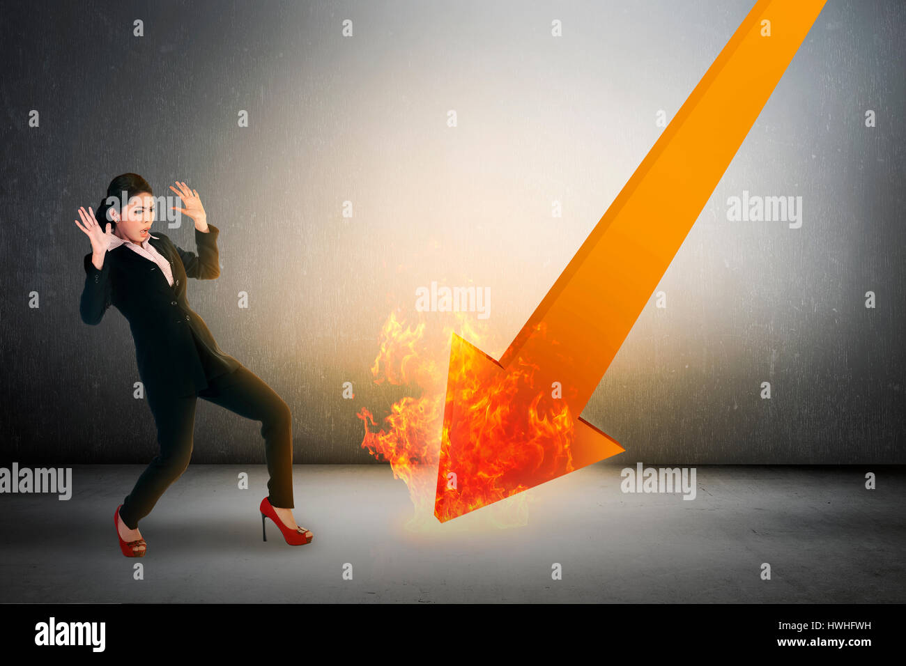 Asian business woman shocked have see sales down. Business depression ...