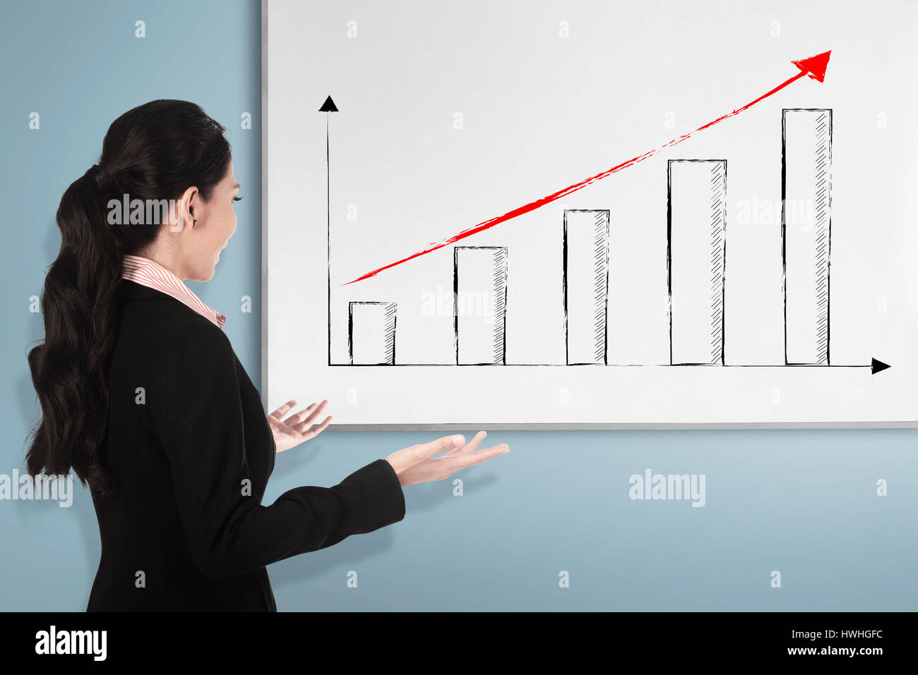 Back view young woman with white board. There increasing chart image ...