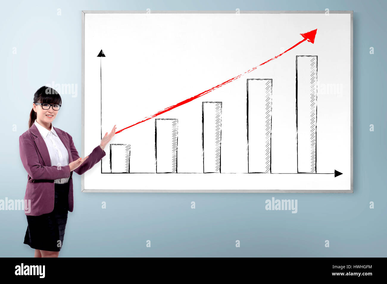 Young woman with white board. There increasing chart image Stock Photo ...