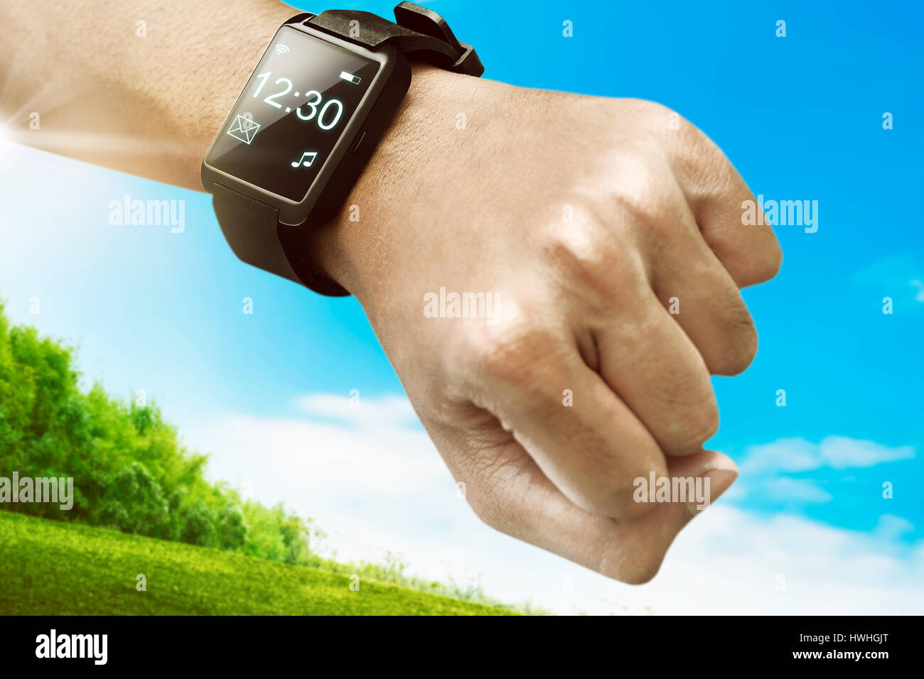 Human hand wearing smart watch. Wearable gadget concept Stock Photo - Alamy