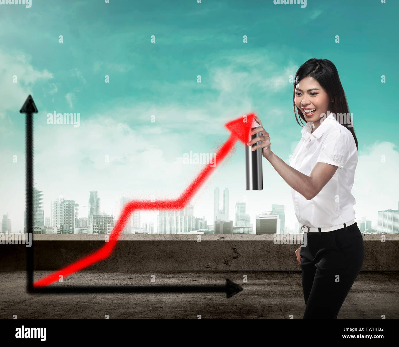 Asian business person, spray making arrow sketch. Business activity ...