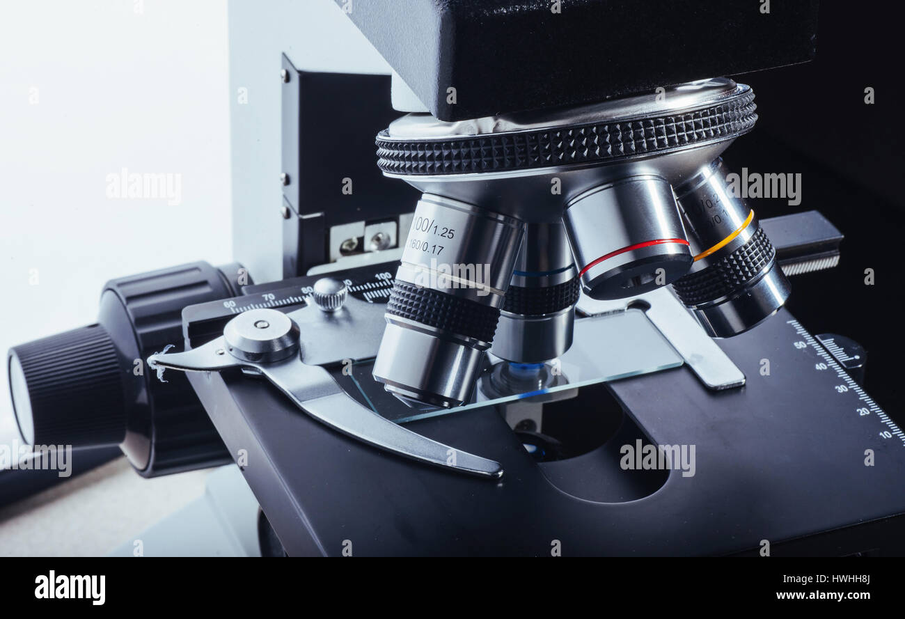Close up of microscope at the laboratory Stock Photo - Alamy