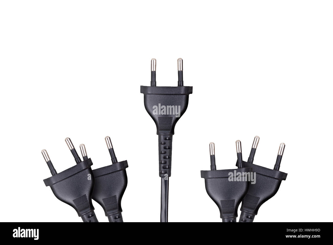 Close up detailed view of black plugs, isolated on white background ...