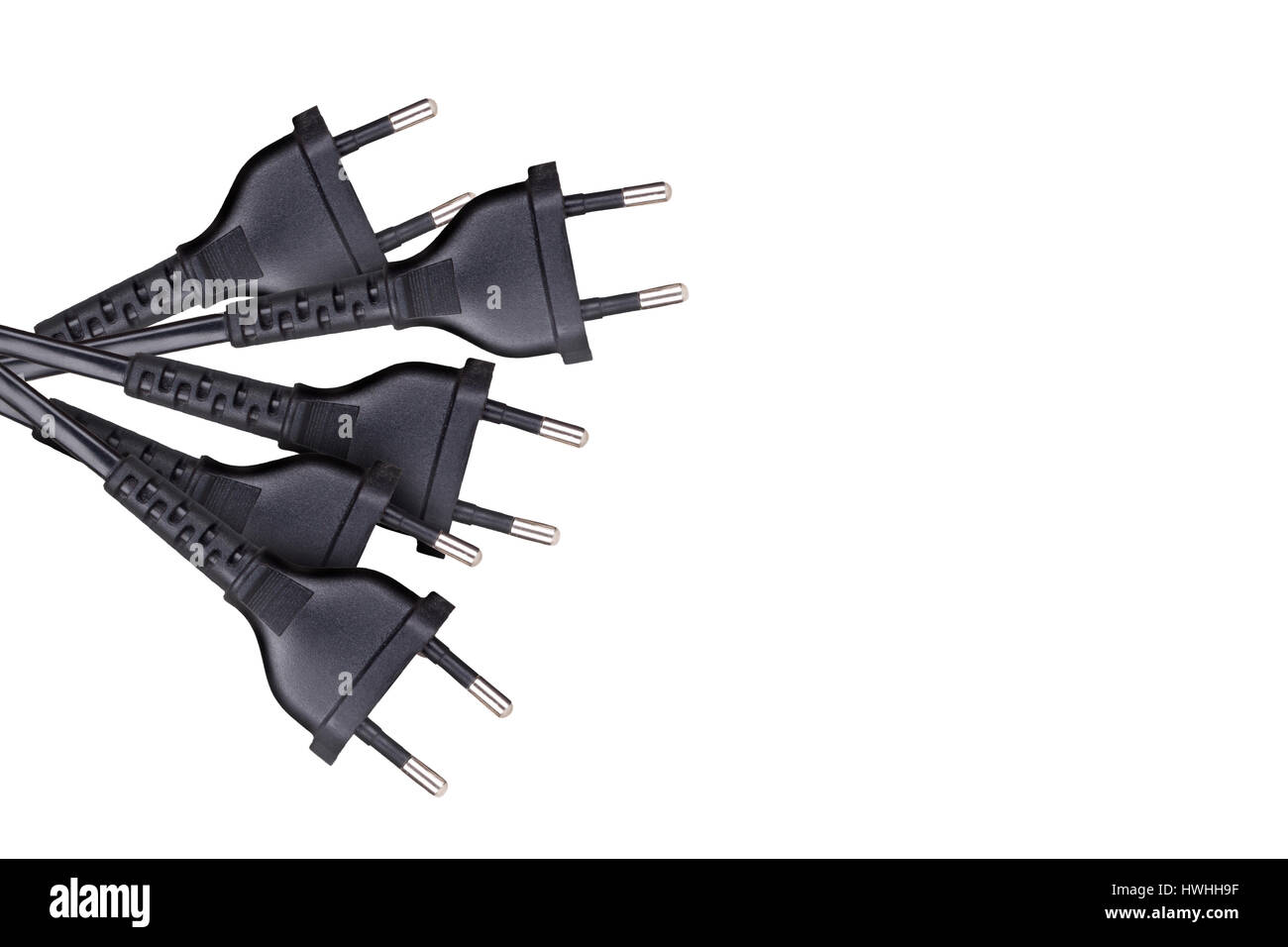 Close up detailed view of black plugs, isolated on white background ...