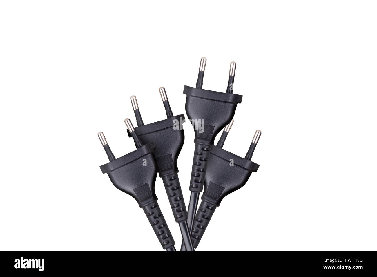 Close up detailed view of black plugs, isolated on white background ...