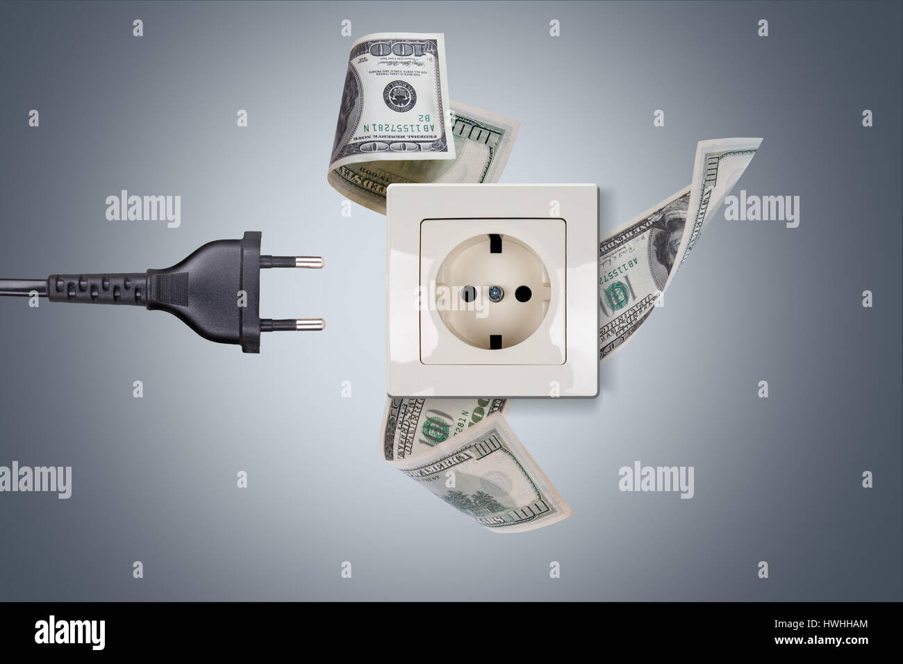 Close up detailed view of white jack and black plug with dollar ...