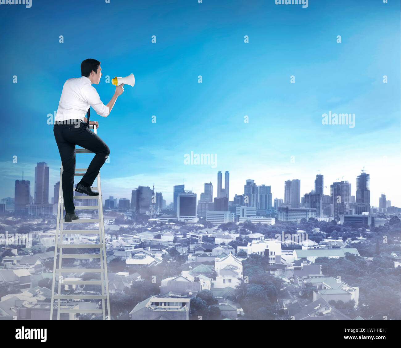 Megaphone woman ladder hi-res stock photography and images - Alamy