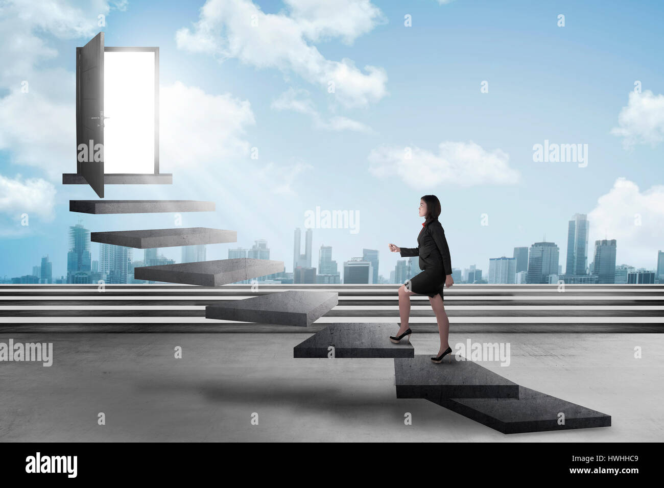 Asian business person going up to the door using stair. Business career ...