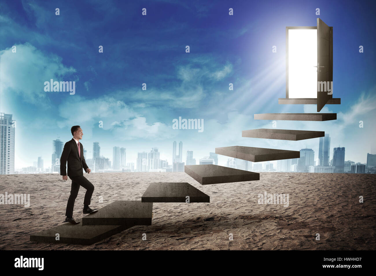 Asian business person going up to the door using stair. Business career ...