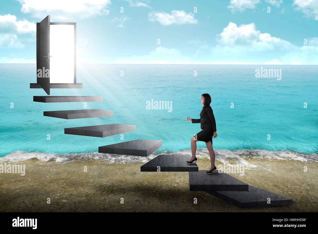 Asian business person going up to the door using stair. Business career ...