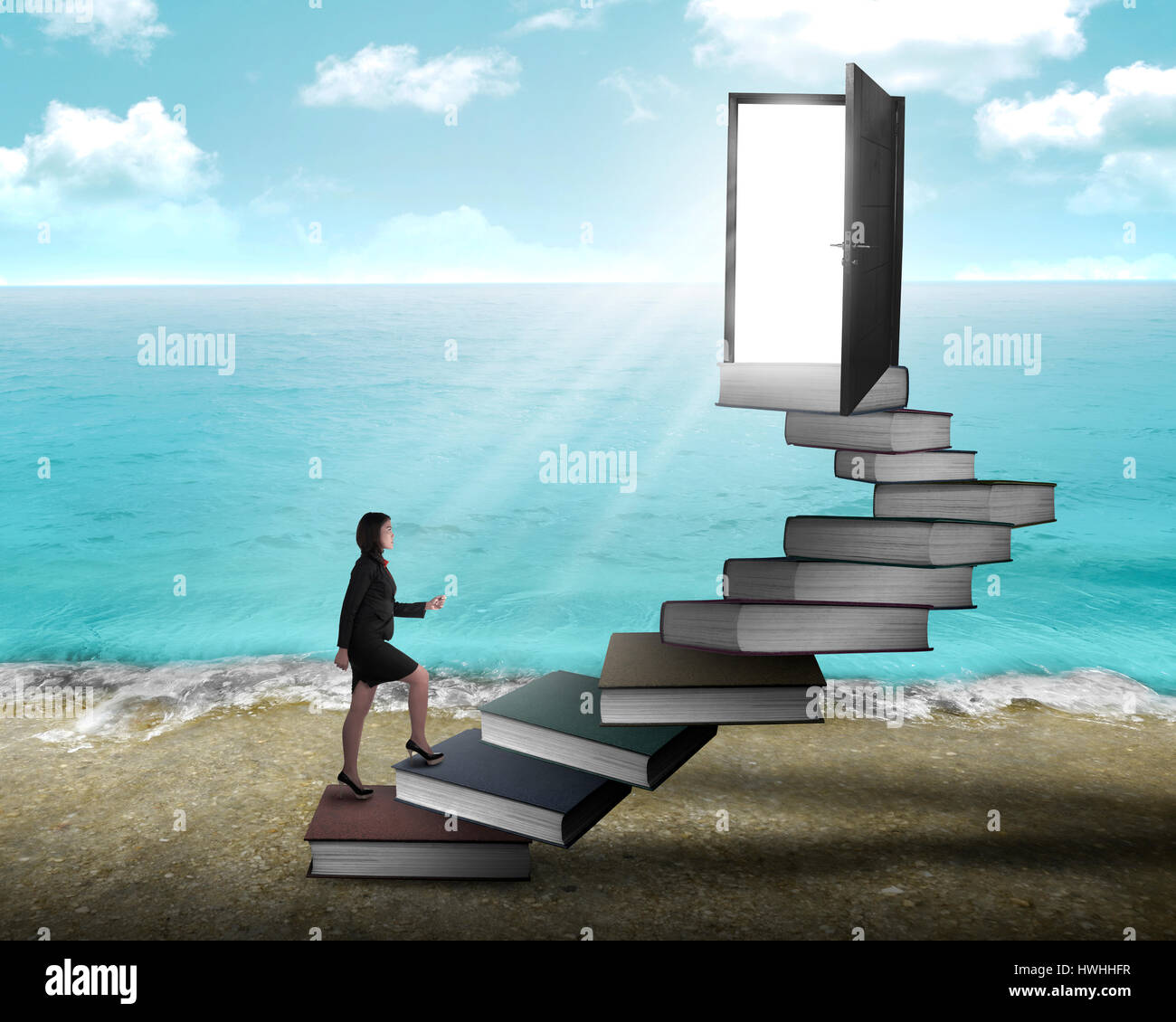 Asian business woman stepping up stair made from book. Business ...