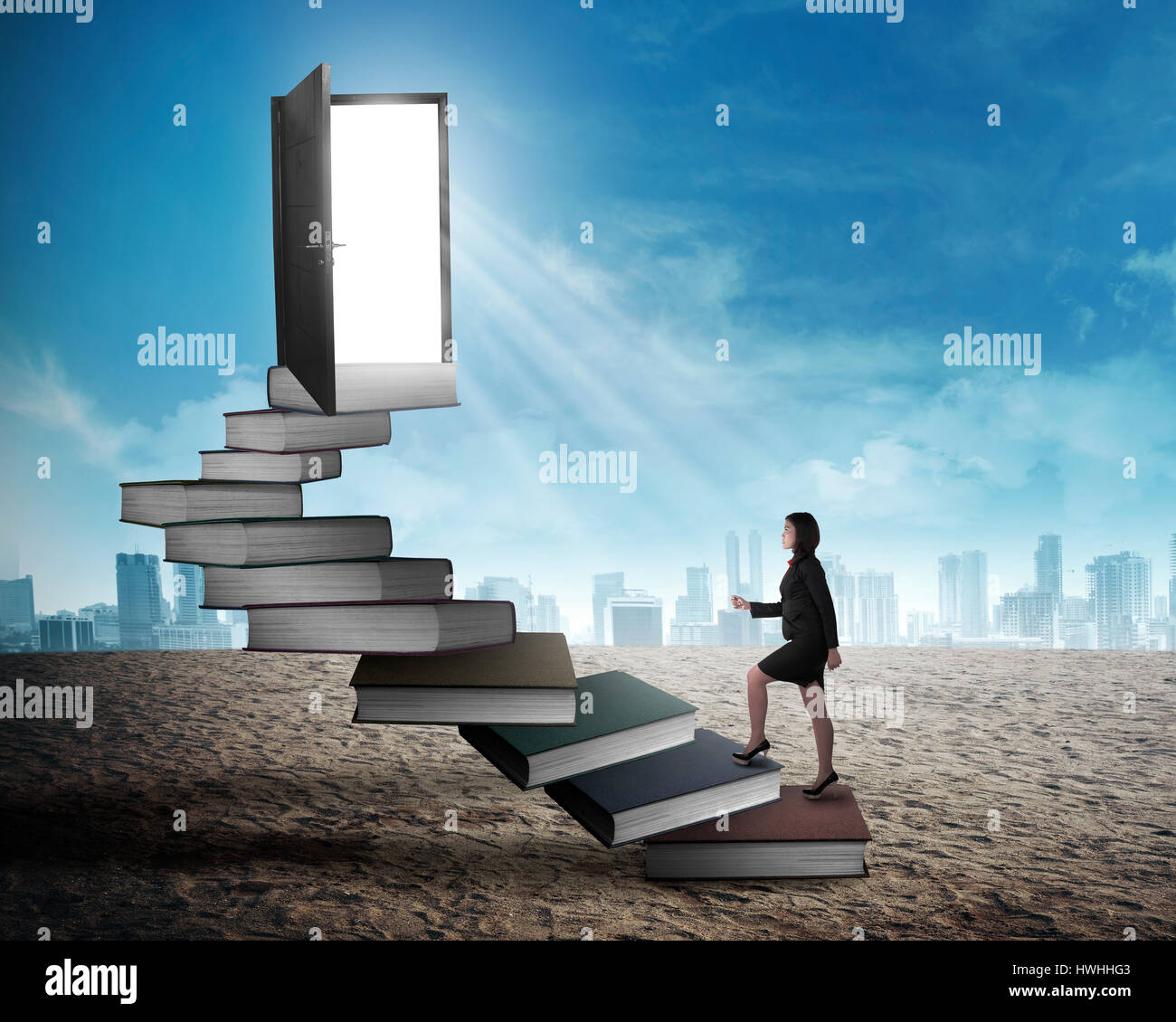 Asian business woman stepping up stair made from book. Business ...