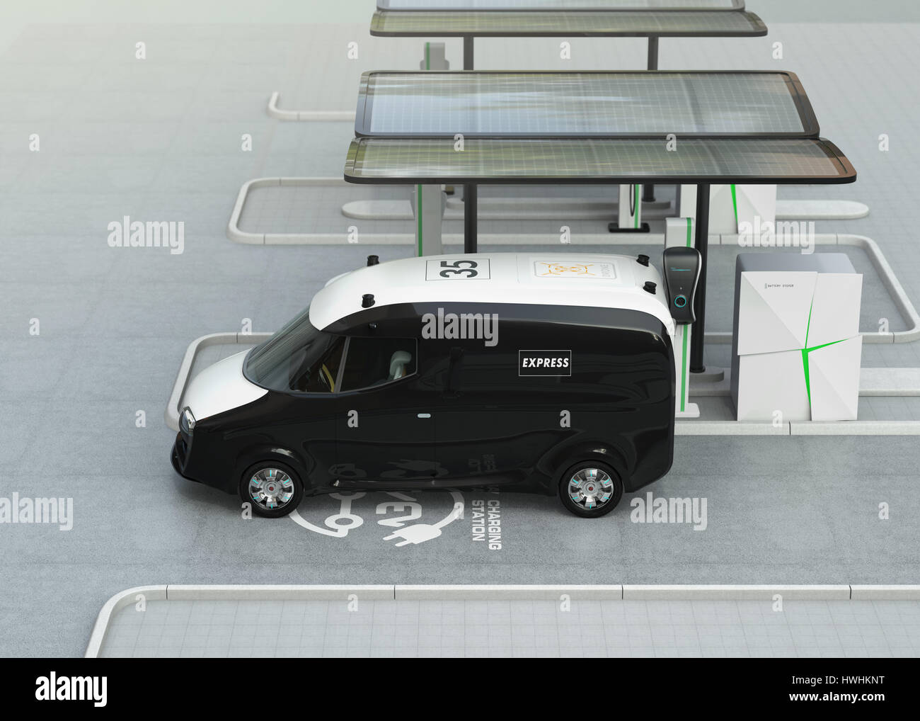 Delivery van in charging station. The charging station installed with ...