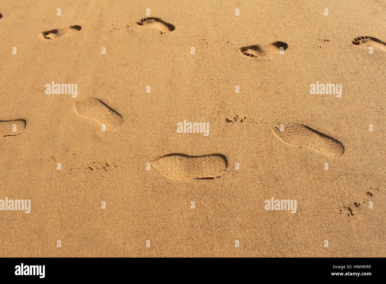 Two sets of footprints on the sand one with slippers and one barefoot ...
