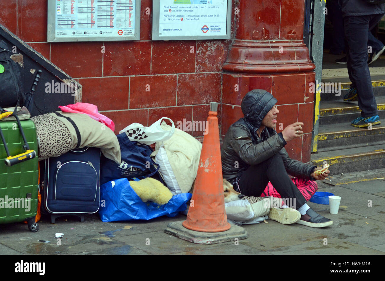 Camden, London, UK, 20/03/2017 Homeless man begging outside underground ...
