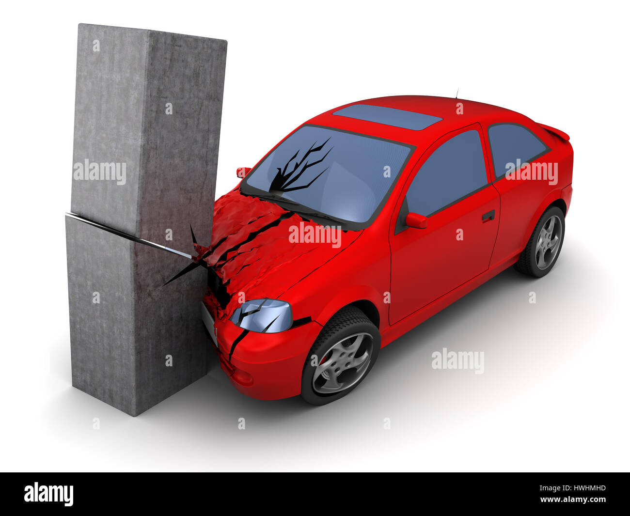 3d illustration of car crash with concrete column Stock Photo - Alamy