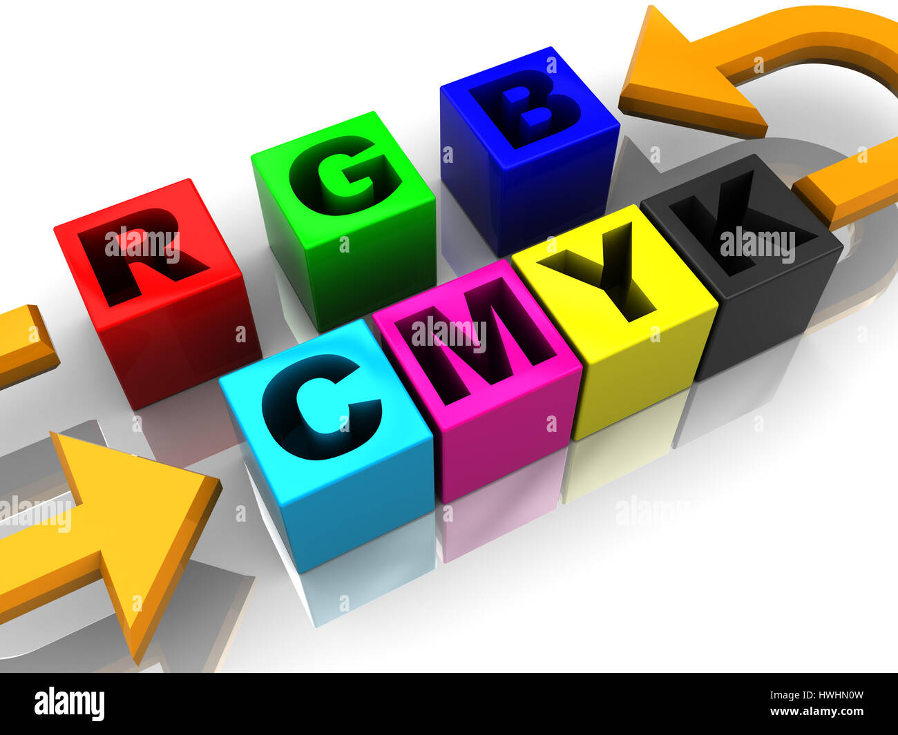 3d illustration of rgb to cmyk conversion symbol, over white background ...