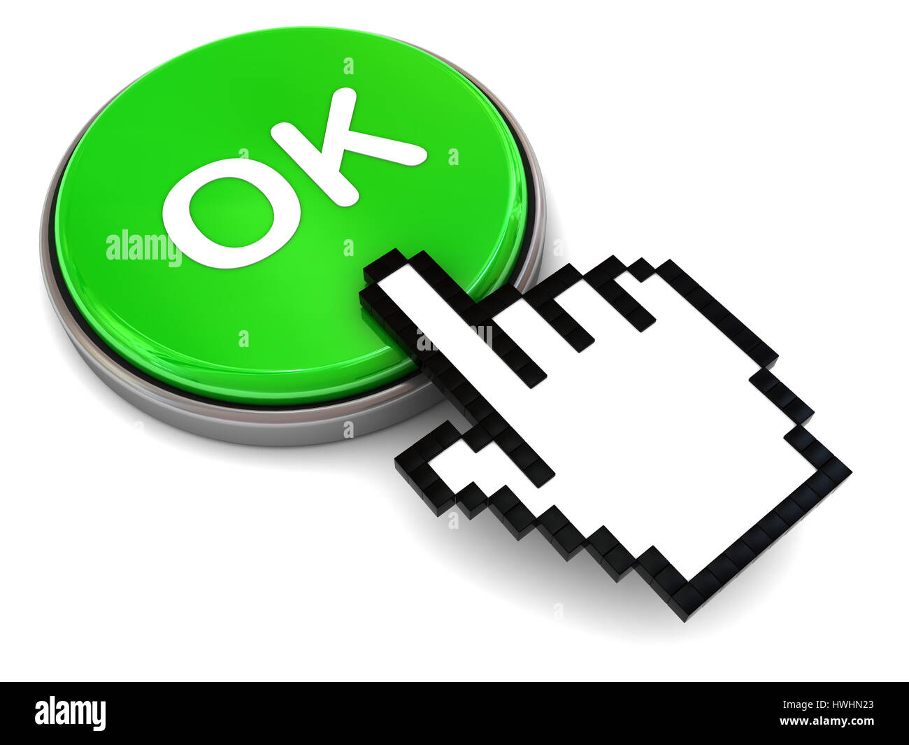 3d illustration of green button with 'ok' label over white background ...