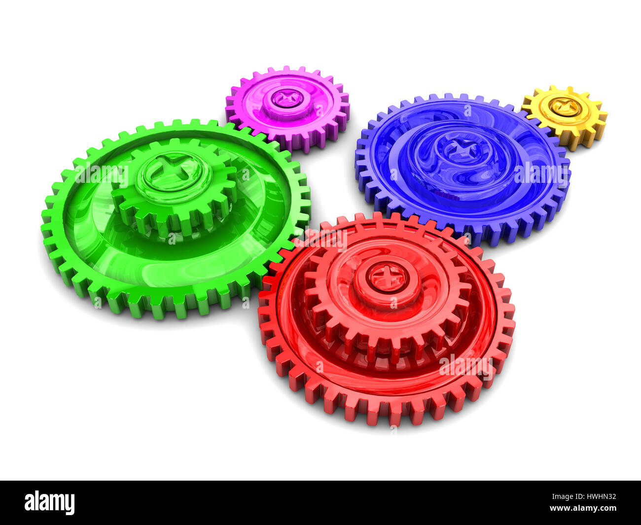 3d illustration of colorful gear wheels sustem over white background ...