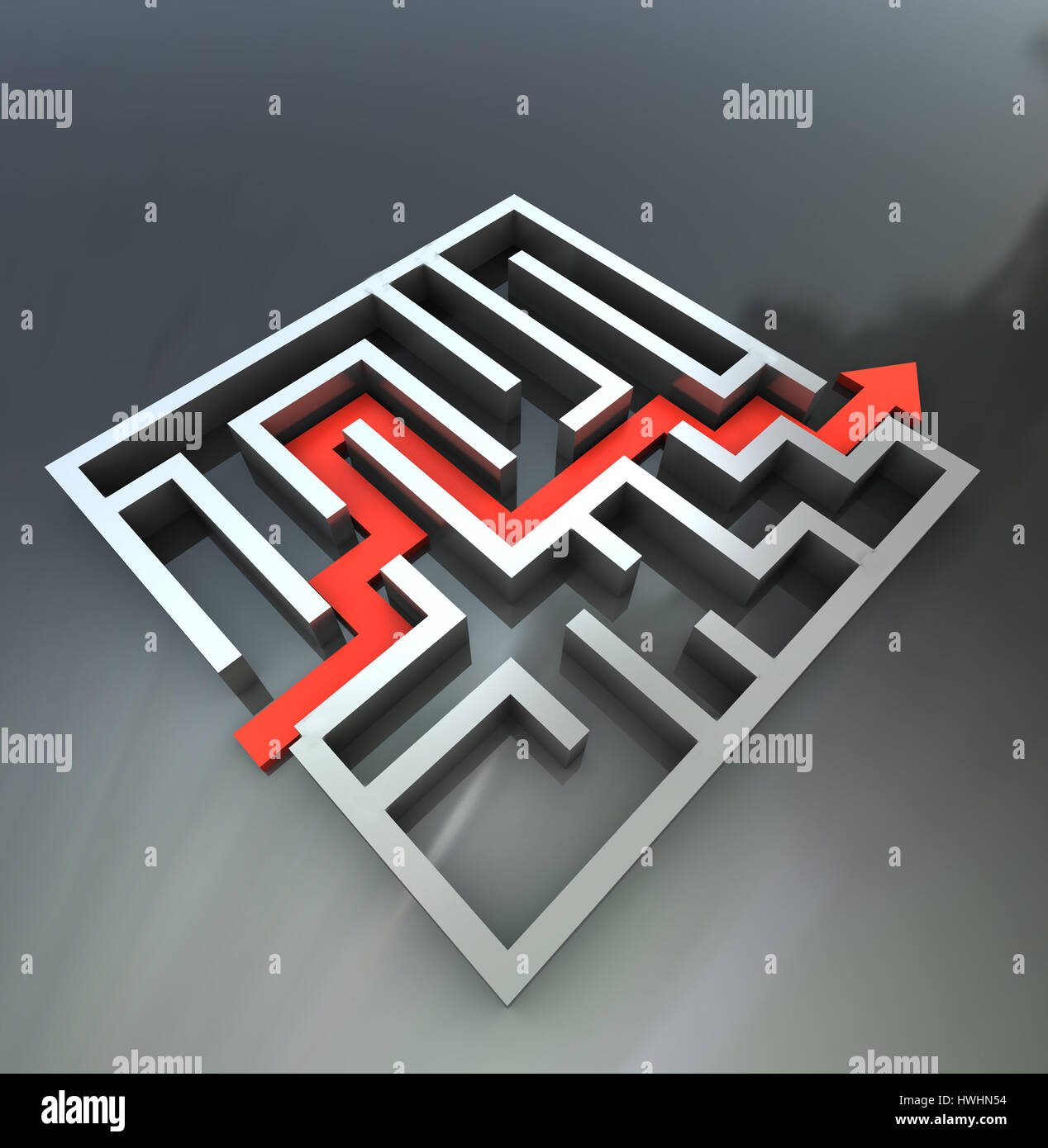 abstract 3d illustration of maze with red arrow route, over gray ...