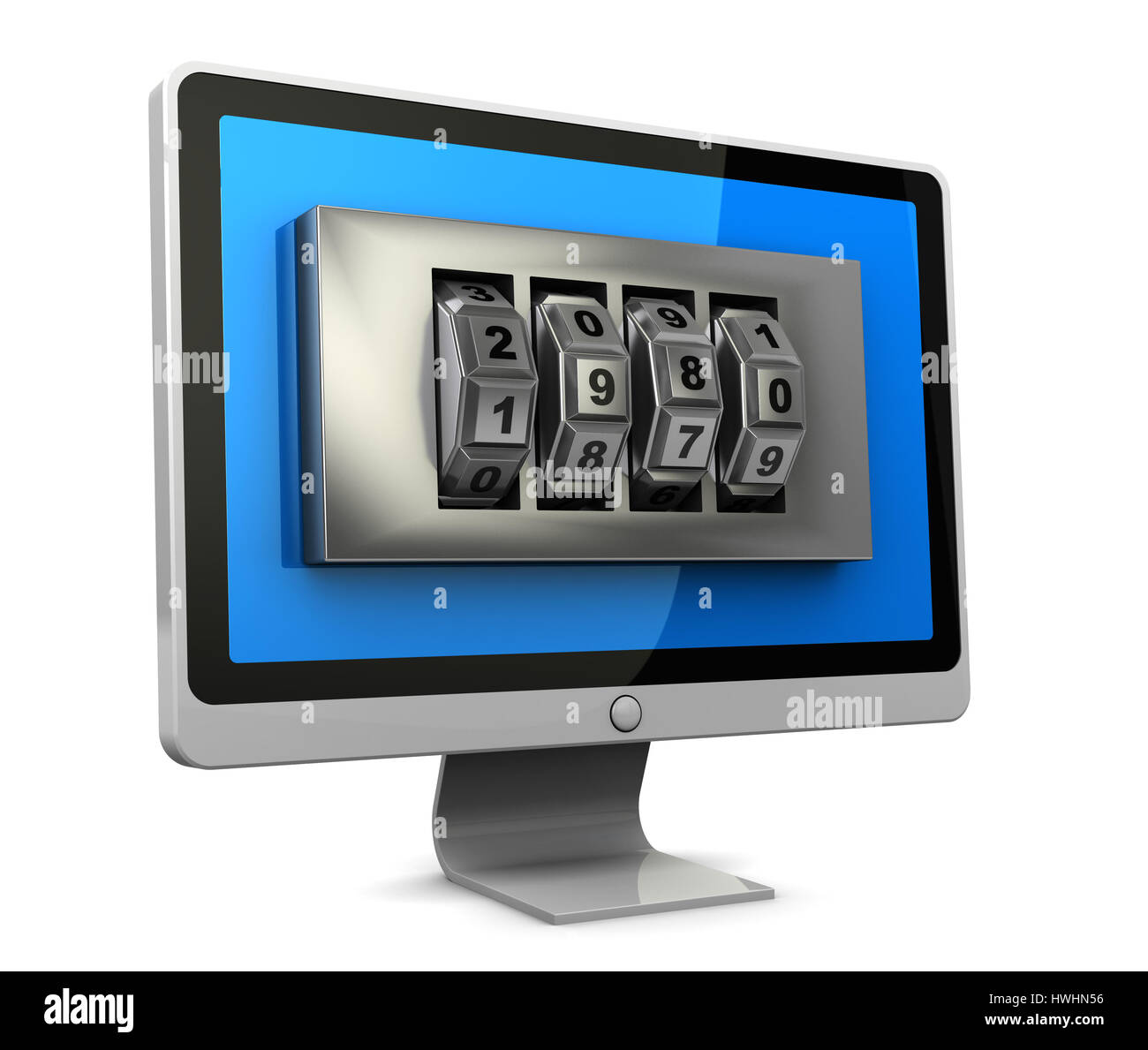 3d illustration of computer monitor with combination lock in screen ...