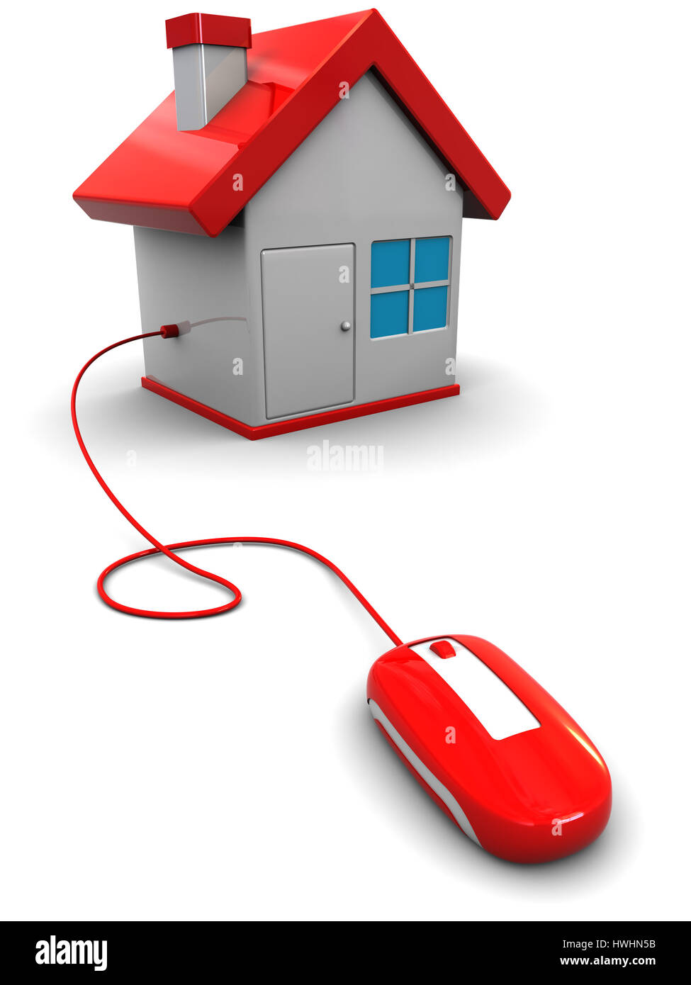 3d illustration of computer mouse connected to house, home control ...