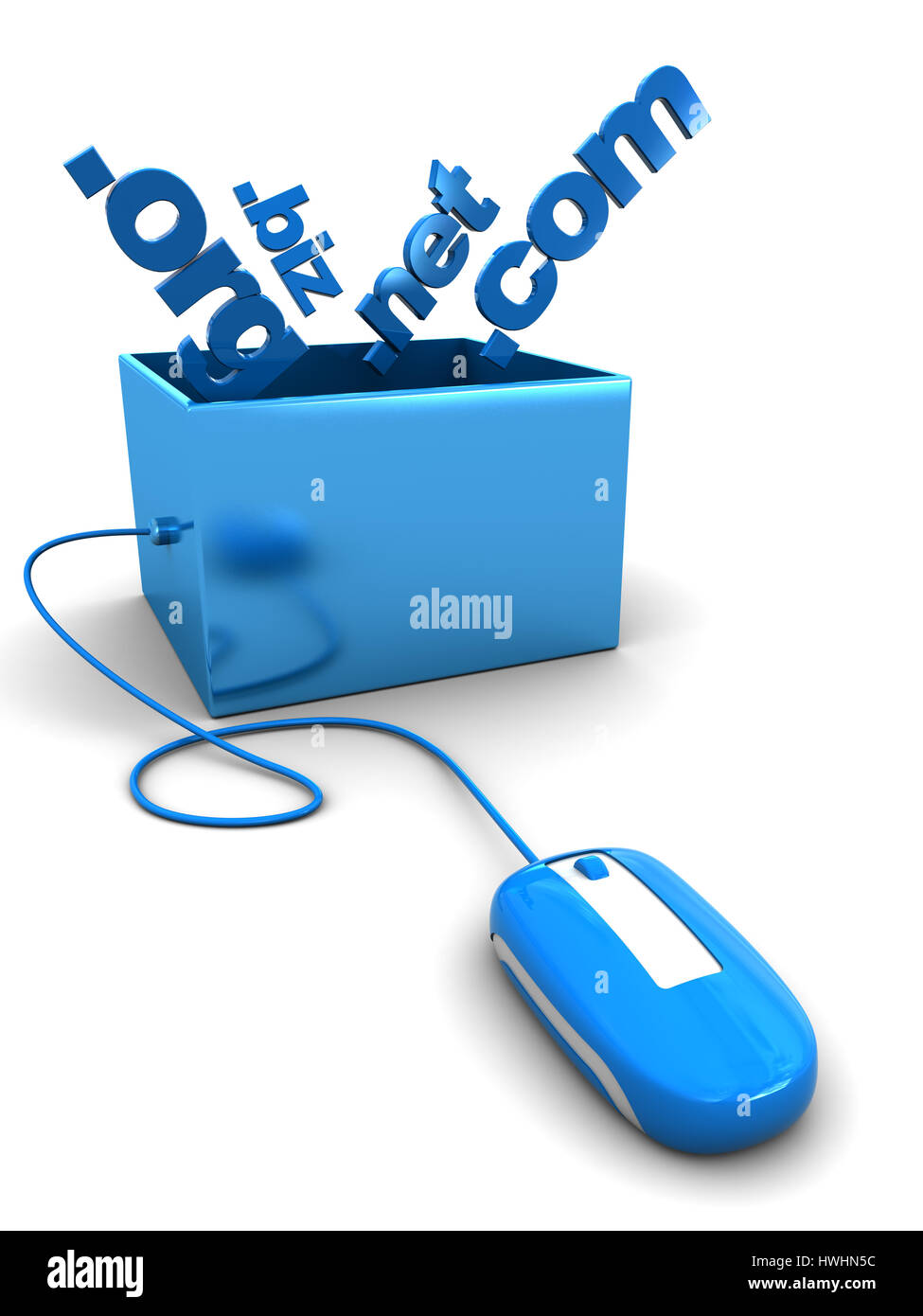 abstract 3d illustration of computer mouse connected to box with domain ...