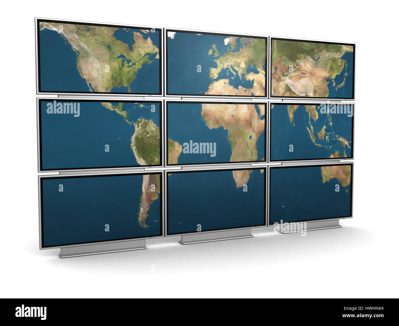 3d illustration of tv wall with world map on it Stock Photo - Alamy