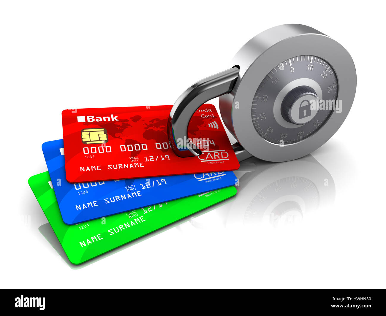 3d illustration of credit cards protected with code lock Stock Photo ...