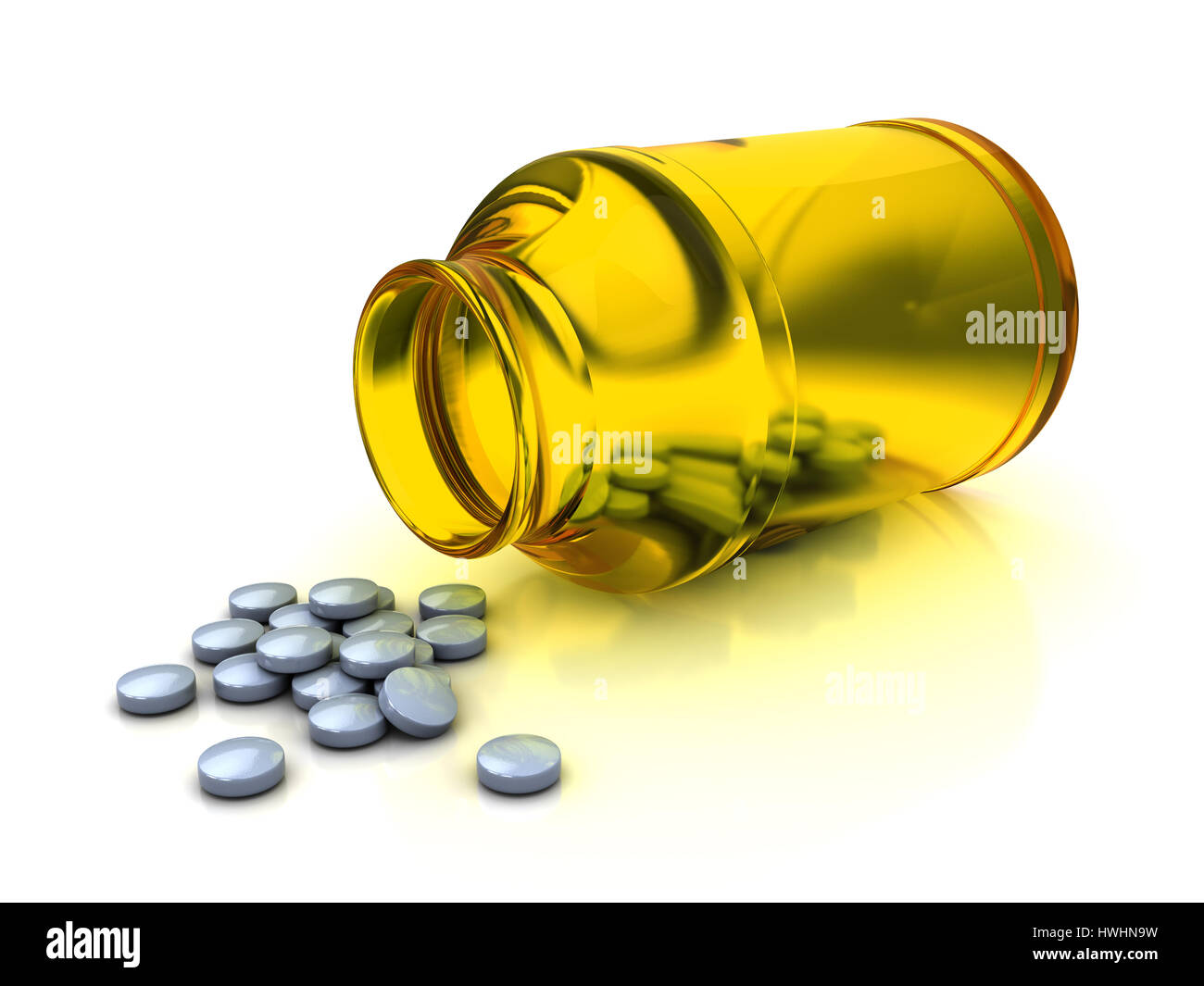 3d illustration of medical bottle and tablets, over white background ...