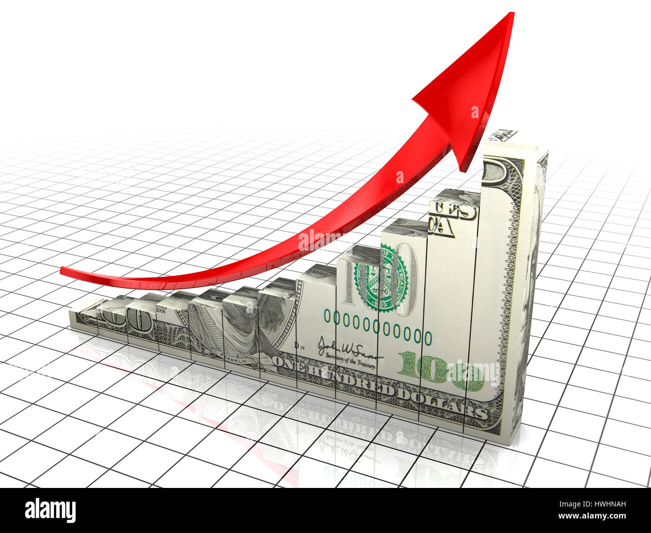 3d illustration of raising chart with dollar texture, over white ...