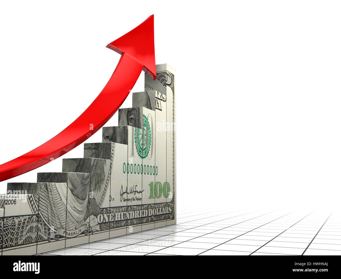 3d illustration of white background with raising dollar charts at left ...