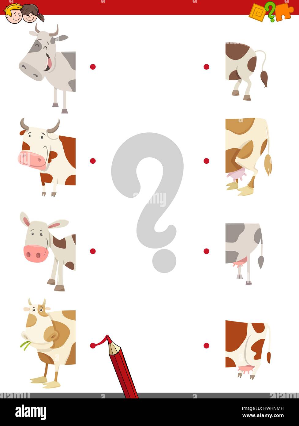Cartoon Illustration of Educational Matching Halves Game with Cows Farm ...